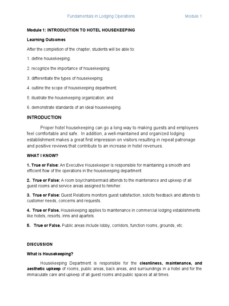 Housekeeping Module 1 | PDF | Housekeeping | Hotel