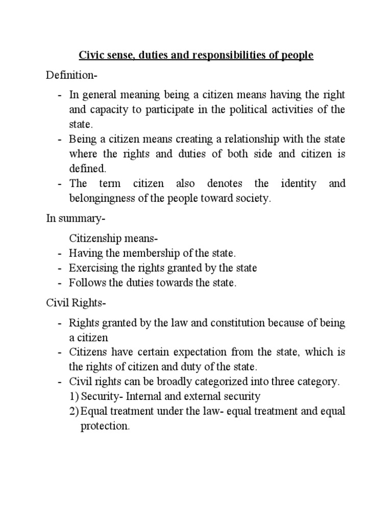 Civic Sense, Duties and Responsibilities | PDF