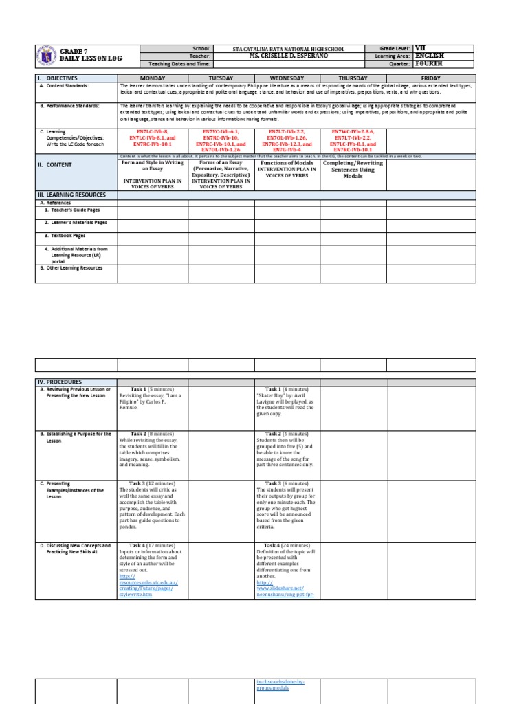 Grade 7 Daily Lesson Log VII Ms. Criselle D. Esperano English Fourth I ...