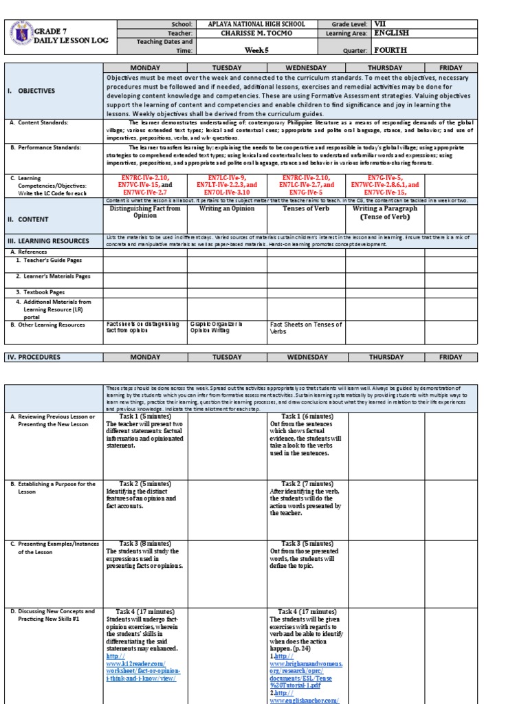 Grade 7 Daily Lesson Log VII Charisse M. Tocmo English Week 5 Fourth ...