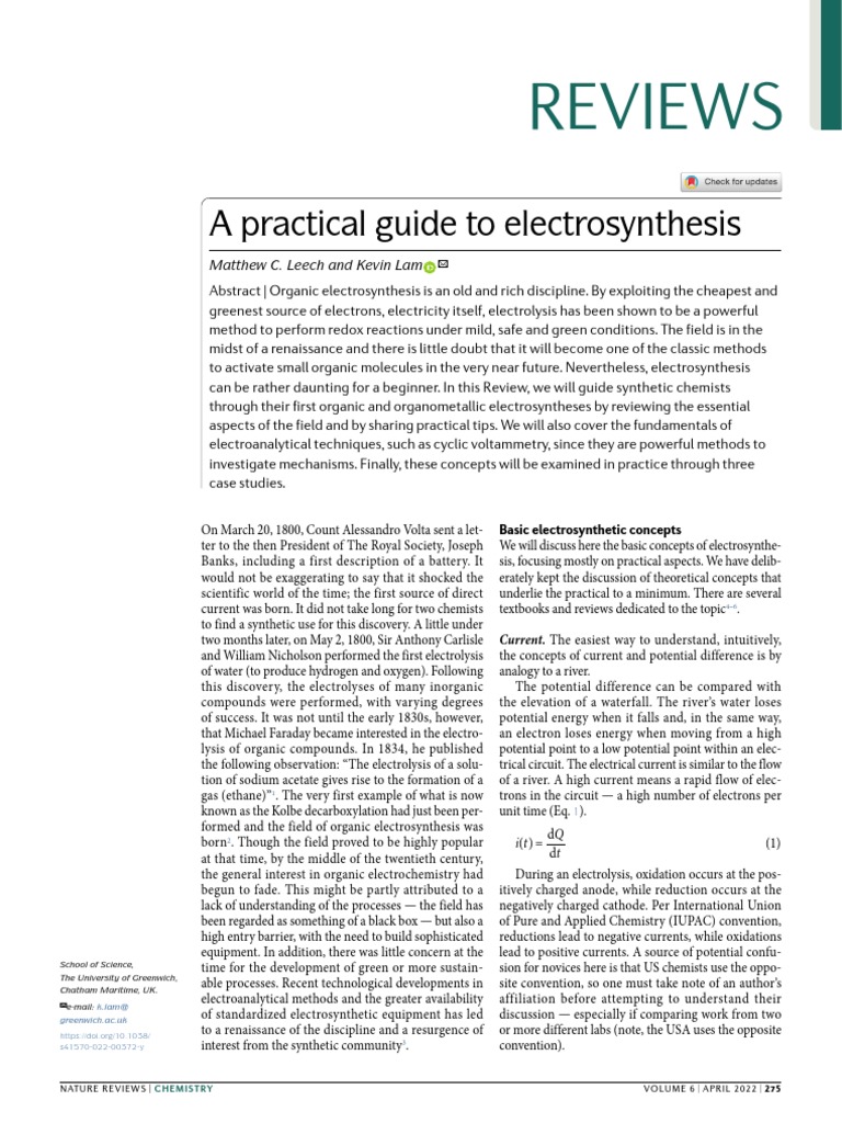 A Practical Guide To Electrosynthesis | PDF | Social Science | Technology & Engineering