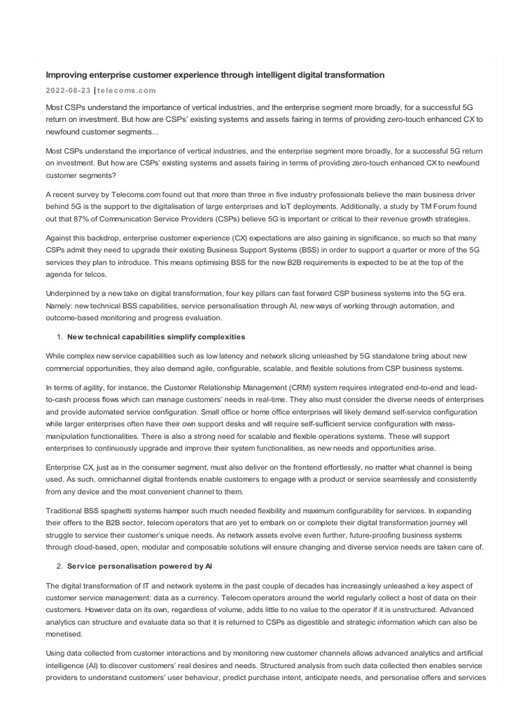 Improving Enterprise Customer Experience Through Intelligent Digital Transformation | PDF ...