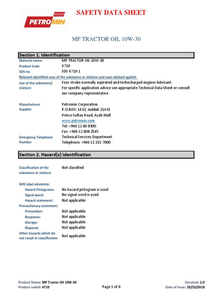 4710-Sds-Petromin MP Tractor Oil 10W-30 V#2 | PDF
