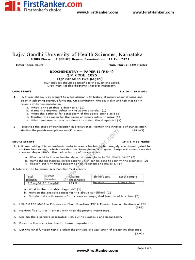 Rguhs Biochemistry QP-2 2021 | PDF | Biochemistry | Chemistry