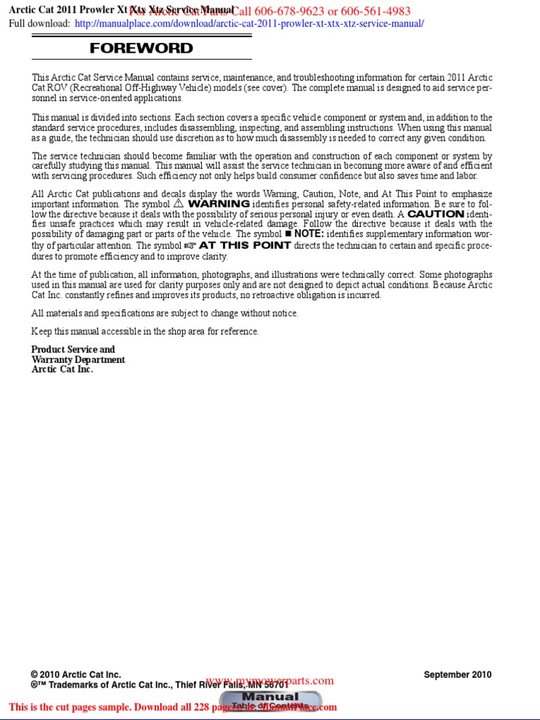 Arctic Cat 2011 Prowler XT XTX XTZ Service Manual | PDF | Axle | Steering