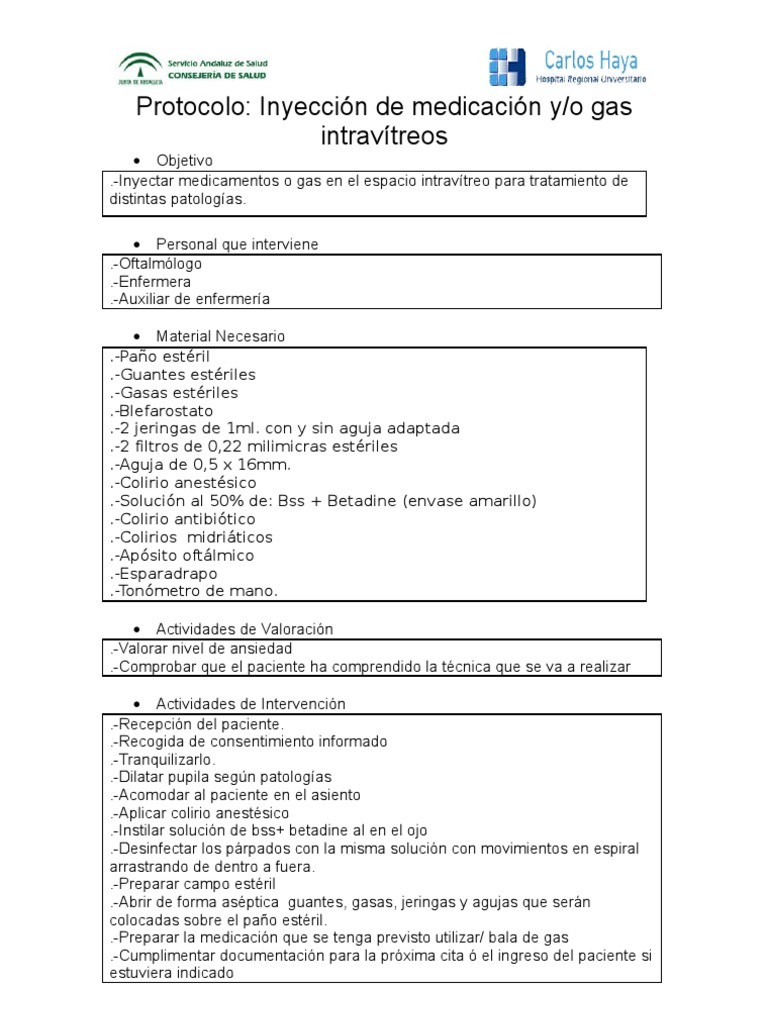 Protocolo Inyección Intravítrea Gas | PDF