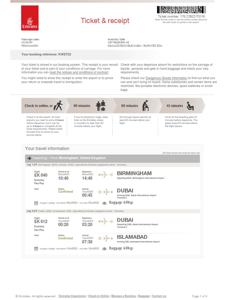 Emirates Ticket 1 | PDF | Baggage | Aviation