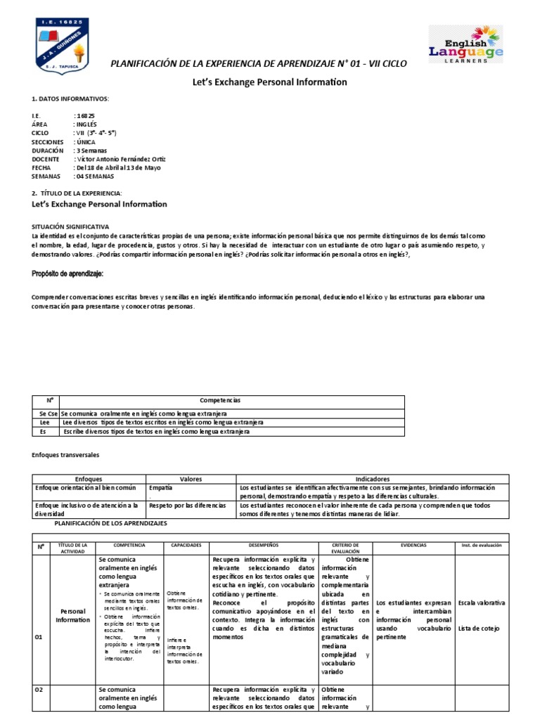 PLANIFICACIÓN DE LA EXPERIENCIA DE APRENDIZAJE N 01 VII CICLO | PDF