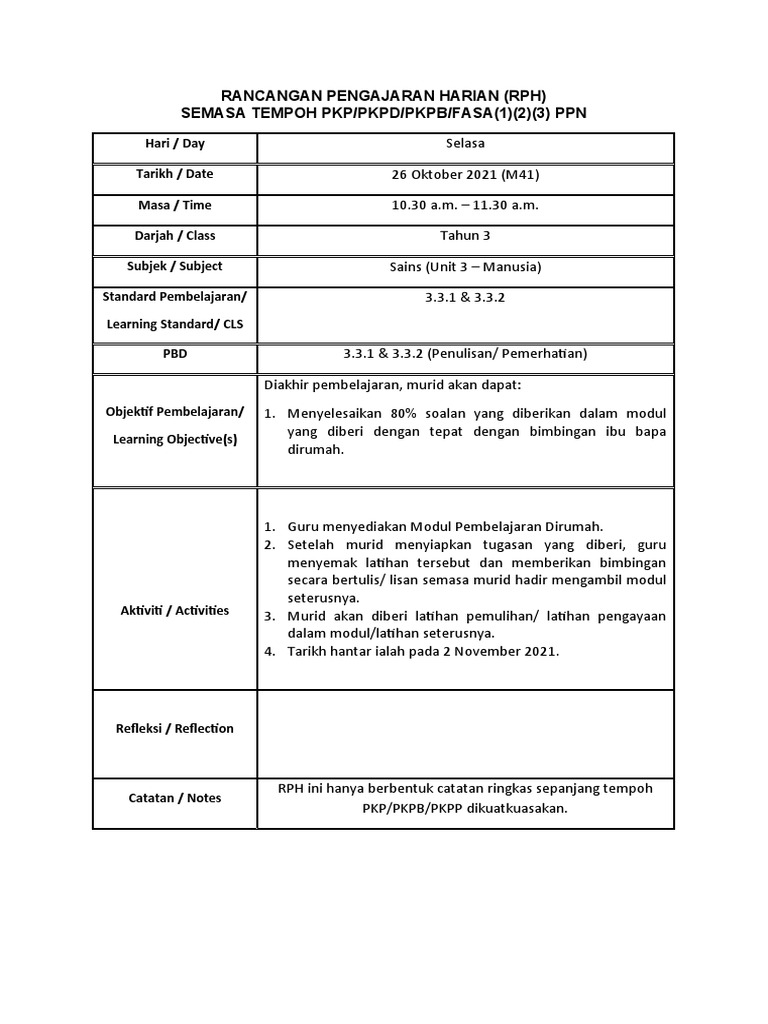 RANCANGAN PENGAJARAN HARIAN PDPR | PDF