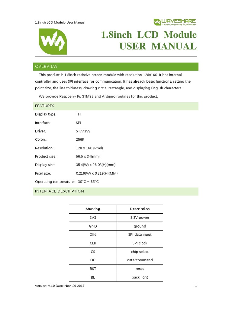 1.8inch LCD Module User Manual en | PDF | Raspberry Pi | Library (Computing)