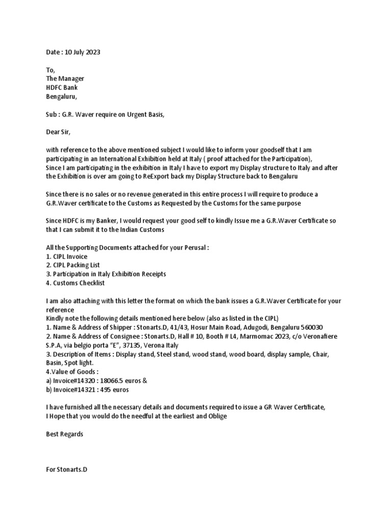 GR WAVER request to bank | PDF