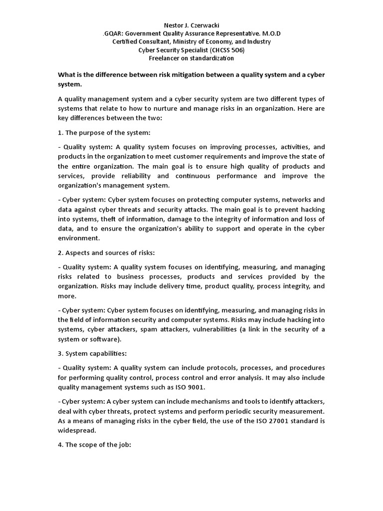 The Difference Between Risk Mitigation Between A Quality System and A Cyber System | PDF