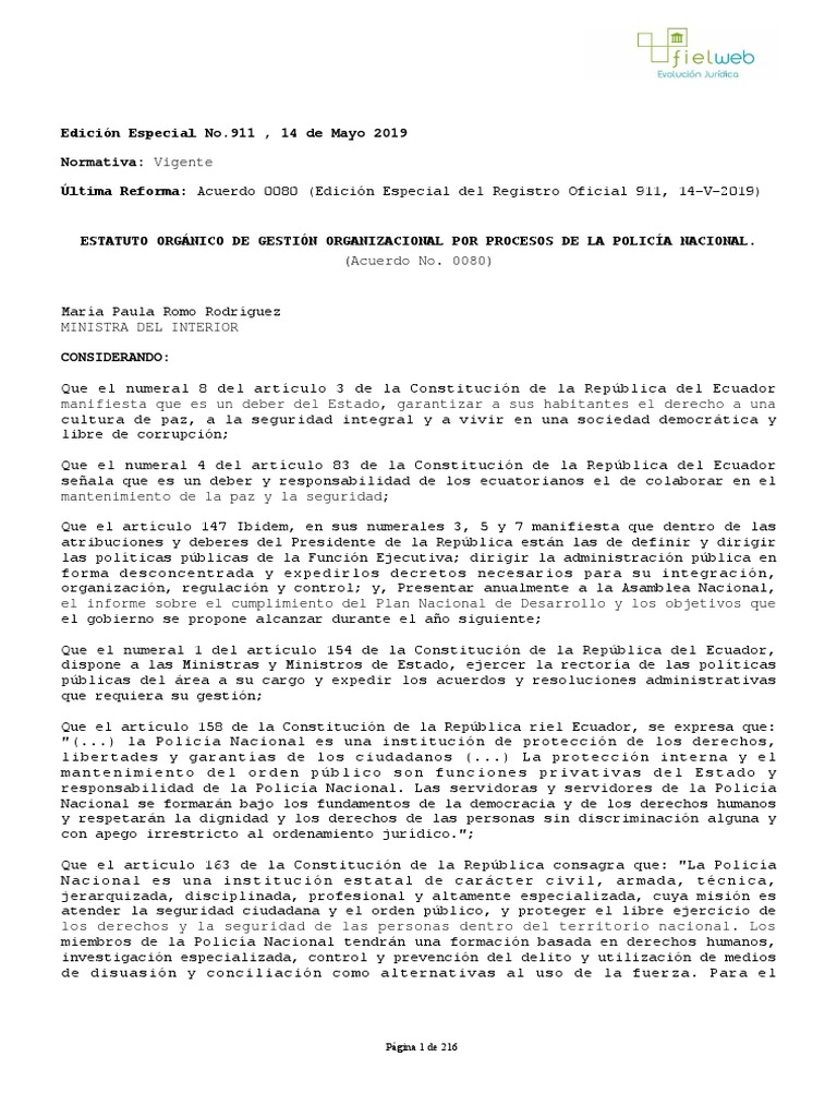 Estatuto Orgánico de Gestión Organizacional Por Procesos de La Policía Nacional | PDF | Policía ...