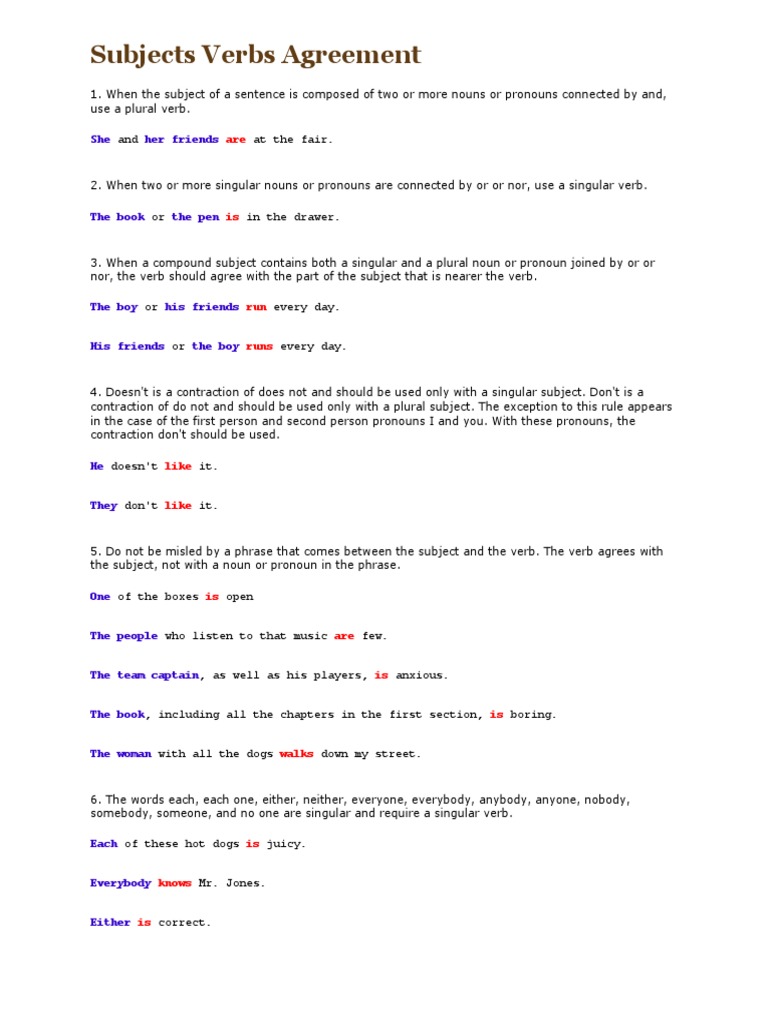 Subjects Verbs Agreement | PDF | Grammatical Number | Plural