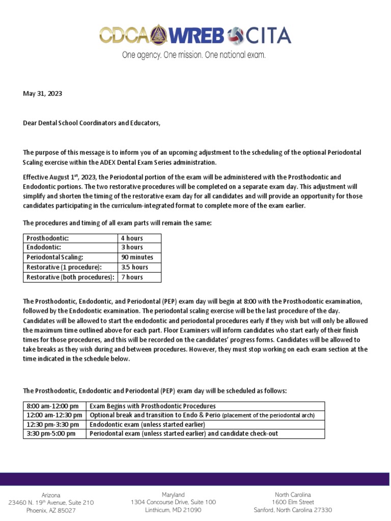 ADEX Dental Exam Schedule Update | PDF | Periodontology | Dentistry ...