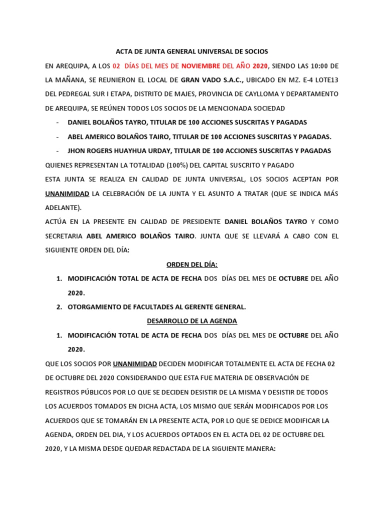 Acta de Junta General Universal de Socios | PDF Acta de Junta General Universal de Socios | PDF