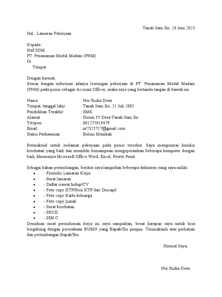 151 - Contoh Surat Lamaran Kerja BUMN PNM | PDF