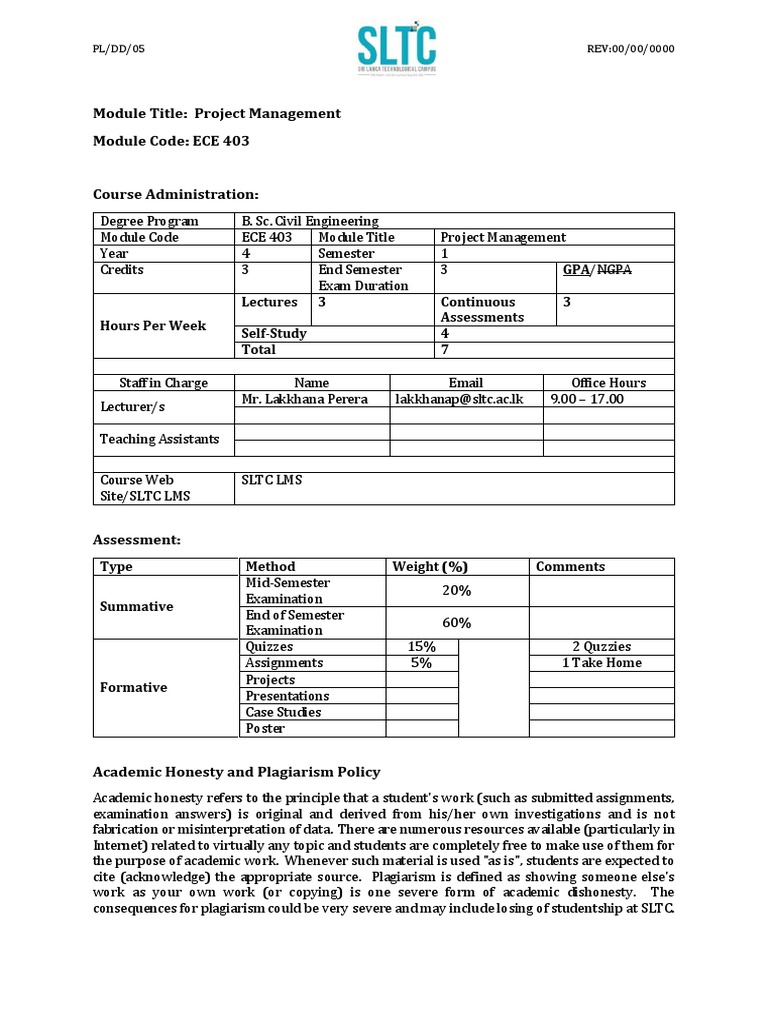 SLTC - Module - Outline - Template - ECE 403 - Project Management ...