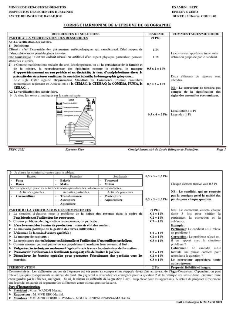 Corrigé Harmonisé BEPC Géographie Epreuve Zéro | PDF
