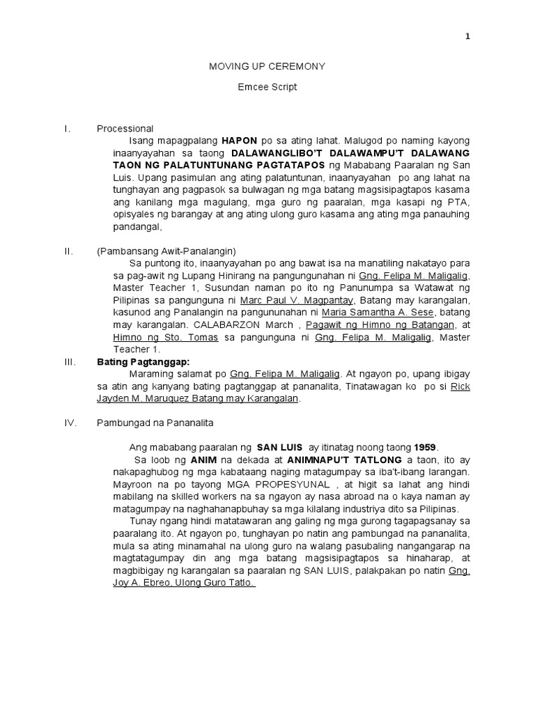 Moving Up Ceremony SY 2021-2022 Script For Mam Dimps | PDF
