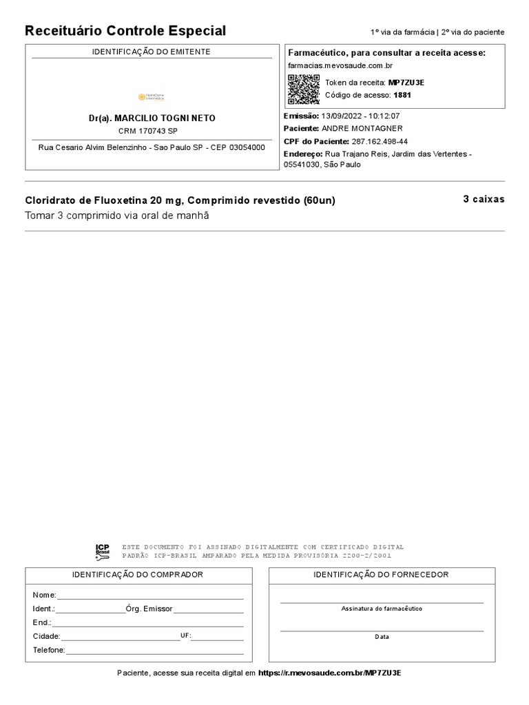 Receituário Controle Especial: Cloridrato de Fluoxetina 20 MG ...