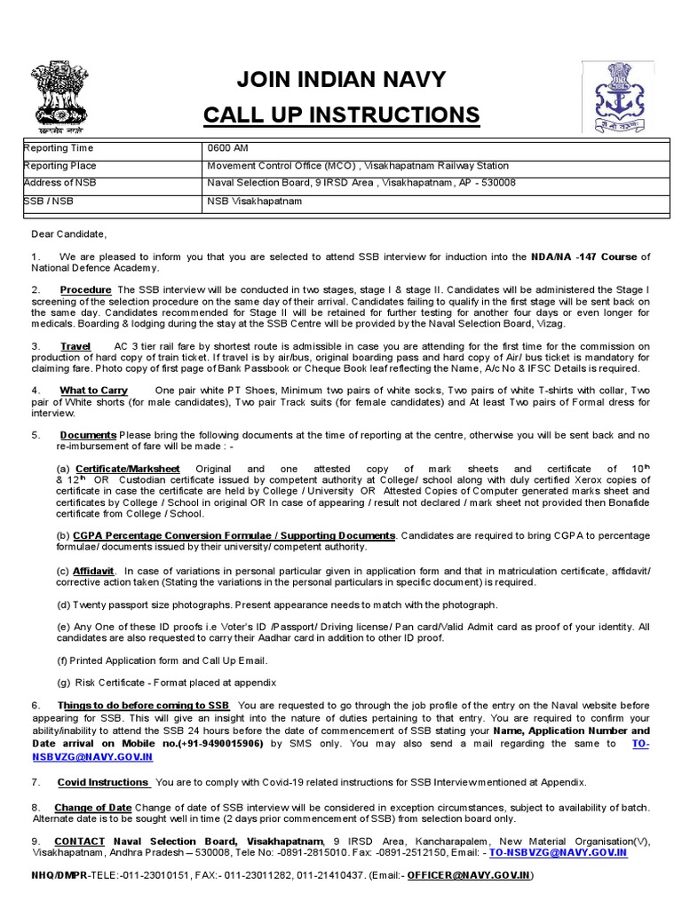 NDA SSB Interview Call-Up Instructions | PDF