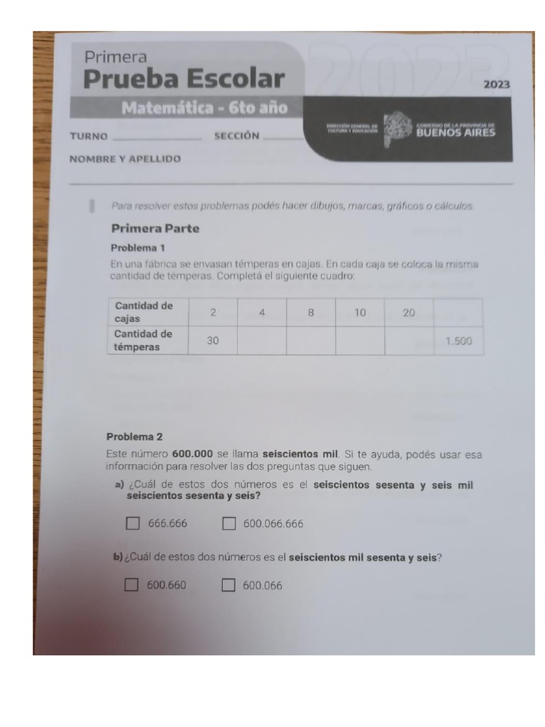 Prueba Escolar 6° Matematica | PDF