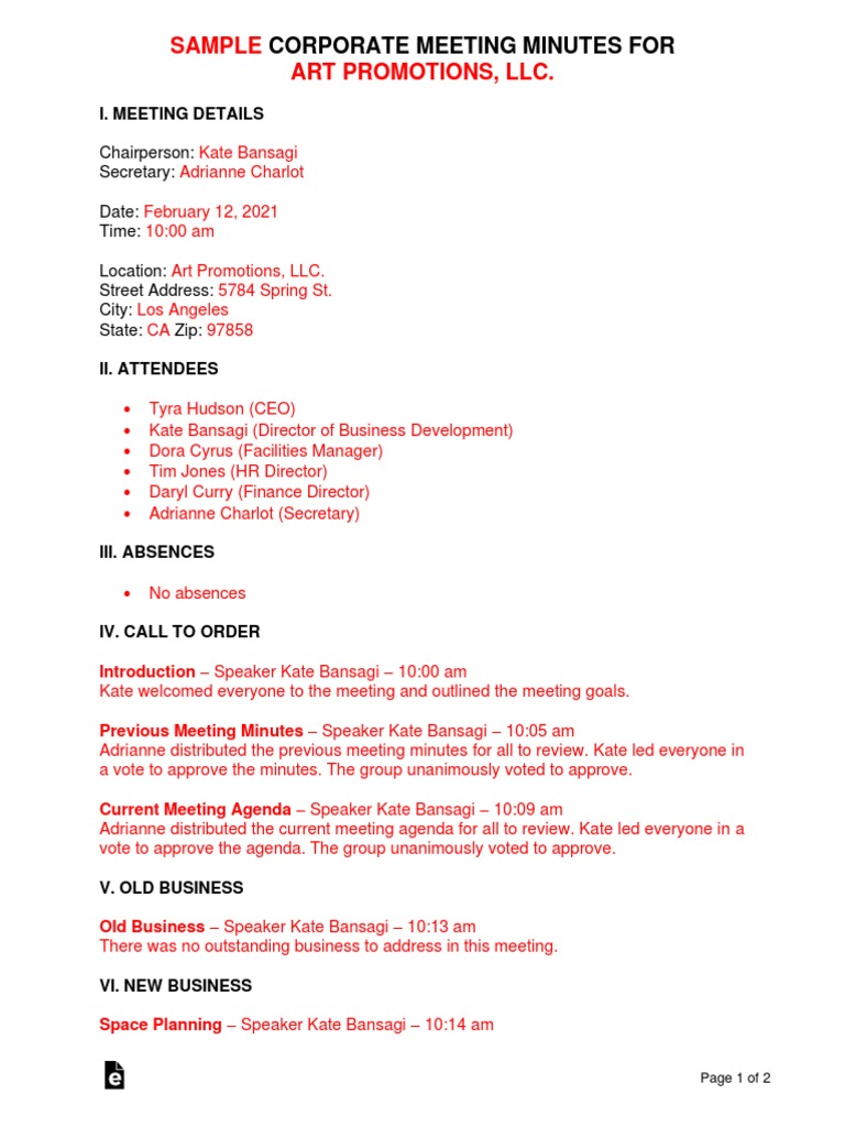 Sample Corporate Meeting Minutes | PDF | Government | Governance