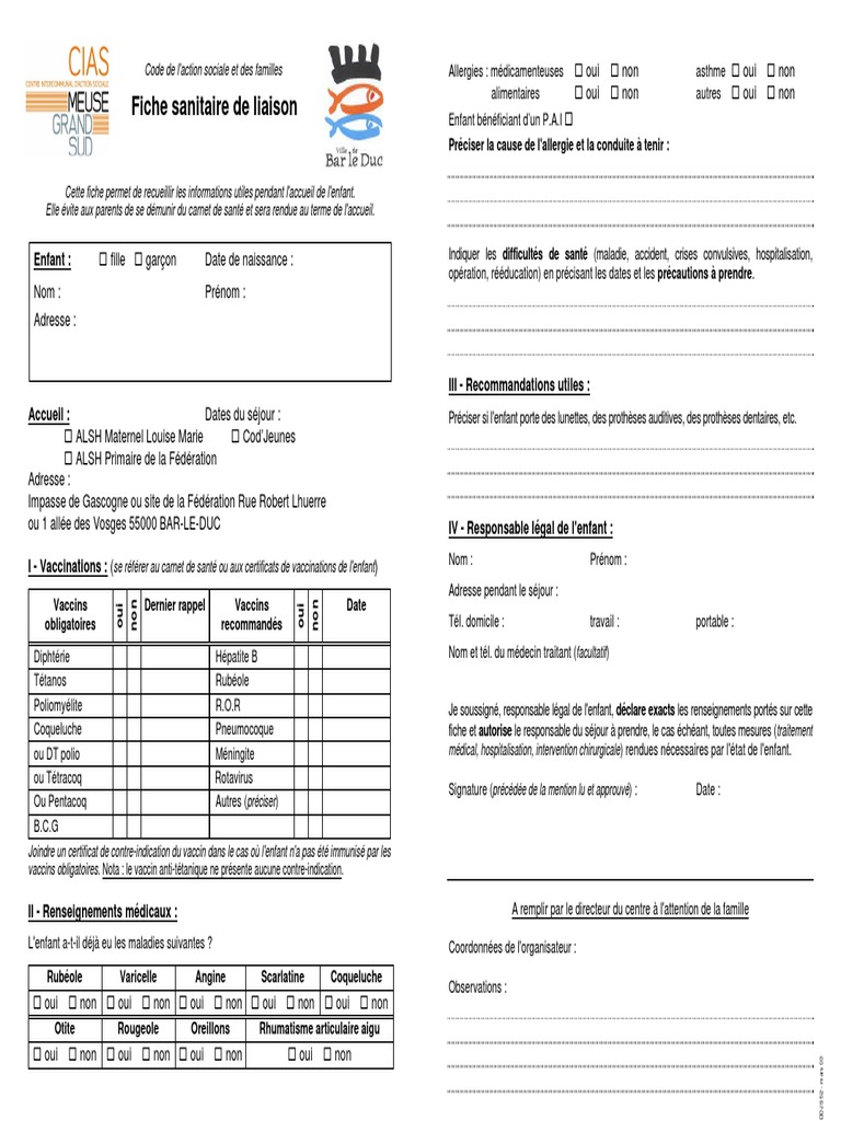 Fiche Sanitaire de Liaison | PDF