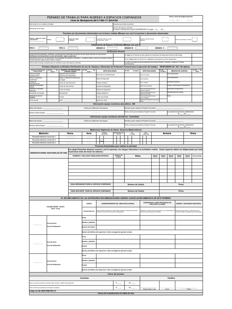 WSS-COL-PS01-FRM-01 Permiso para Espacios Confinados | PDF | Química ...