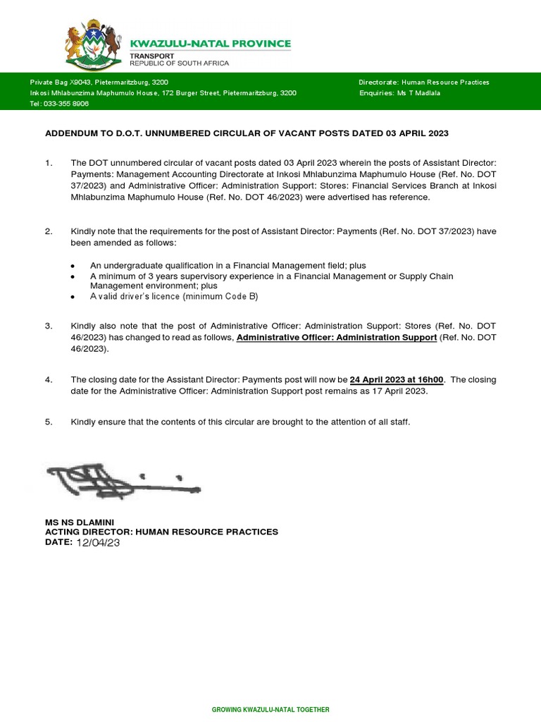 Addendum to DOT Unnumbered Circular of Vacant Posts 03 April 2023 | PDF