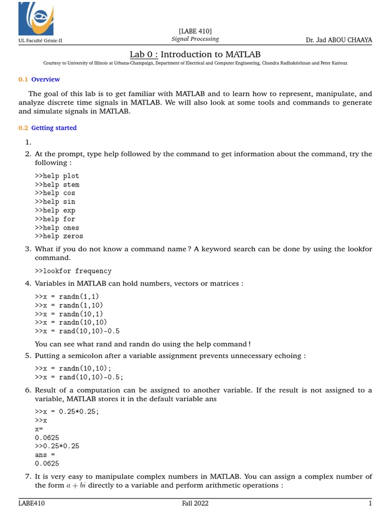 Lab 0: Introduction To MATLAB: (LABE 410) Dr. Jad Abou Chaaya | PDF | Matlab | Discrete Time And ...