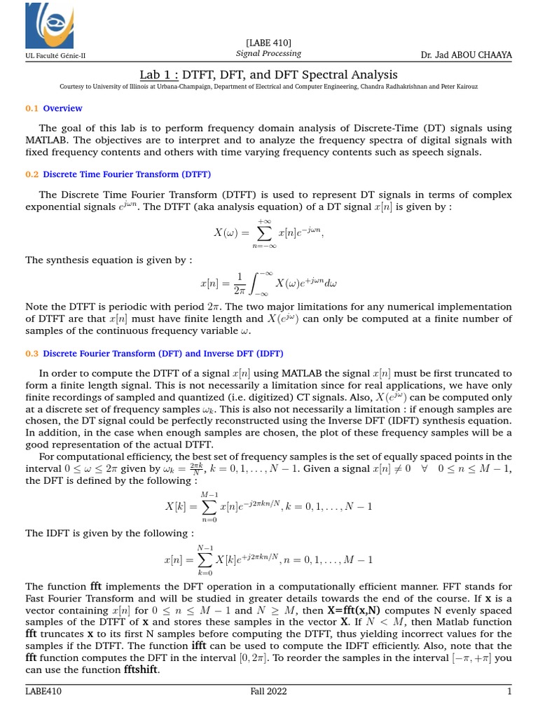 Lab 1: DTFT, DFT, and DFT Spectral Analysis: (LABE 410) Dr. Jad Abou Chaaya | PDF | Discrete ...