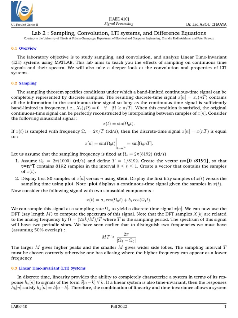 Lab 2: Sampling, Convolution, LTI Systems, and Difference Equations | PDF | Sampling (Signal ...