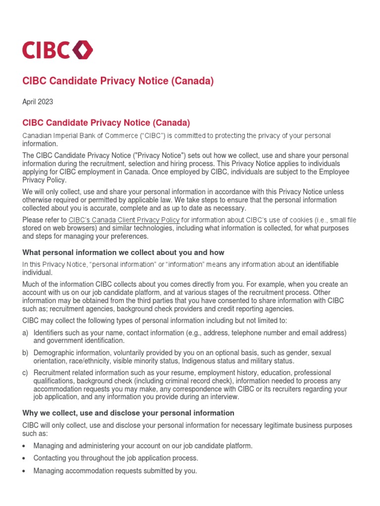Cibc Candidate Privacy Notice en | PDF | Background Check | Privacy