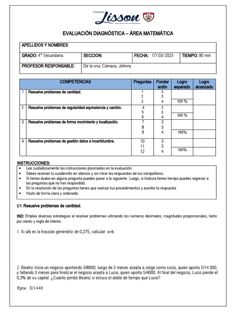 Evaluación Diagnostica 2023 Matemática 5 Sec Pdf Triángulo 2864