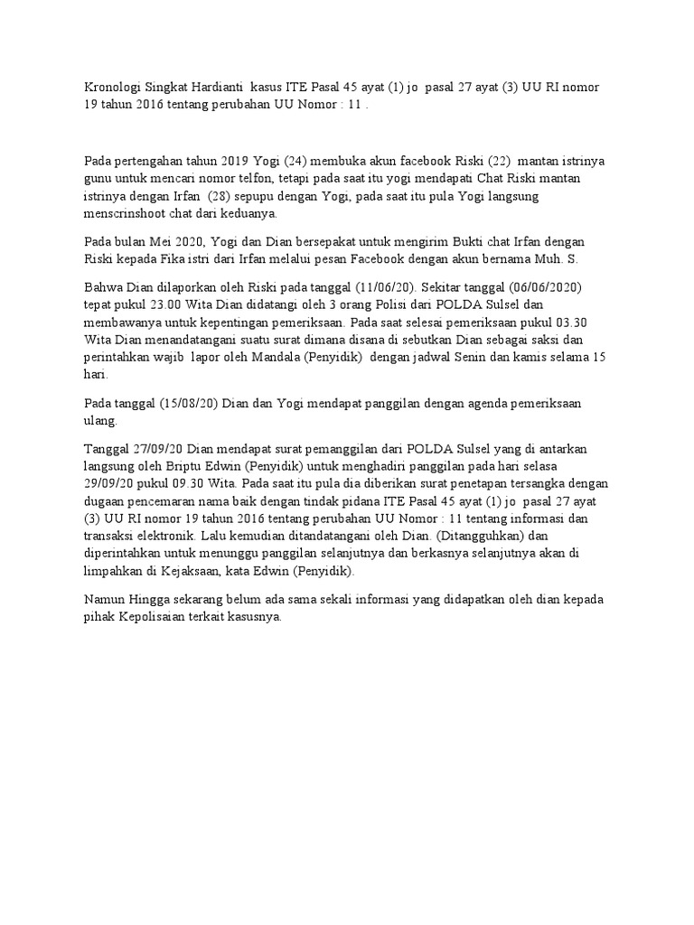 Kronologi Singkat Hardianti Kasus ITE Pasal 45 Ayat | PDF