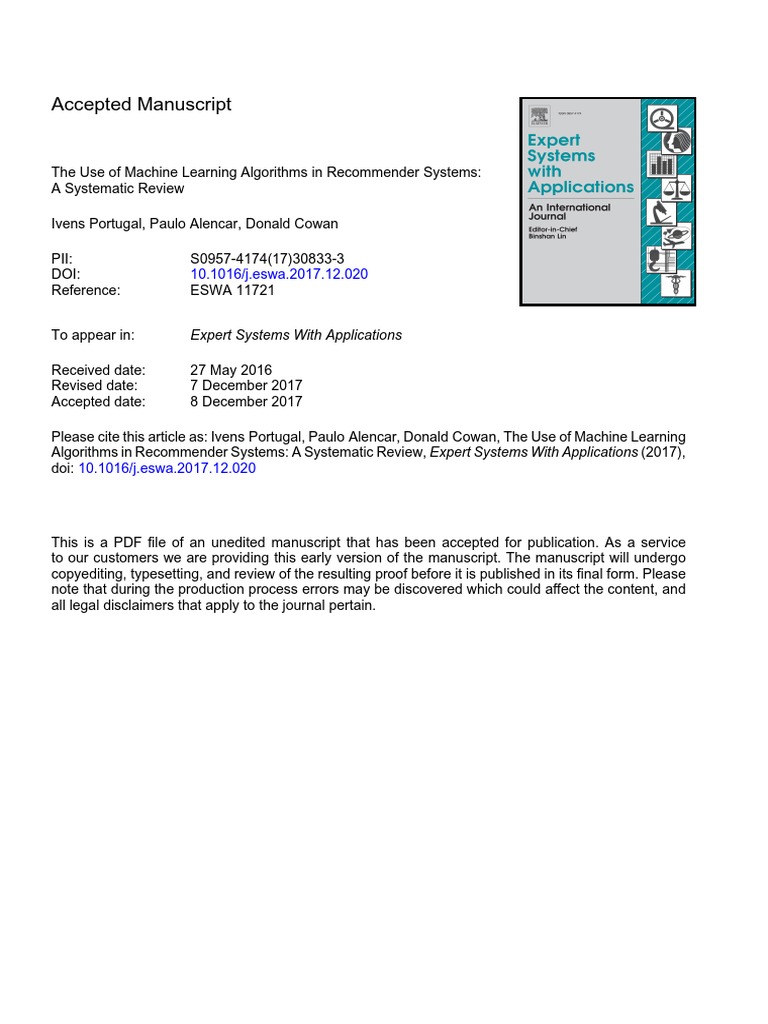 The use of machine learning algorithms in recommender systems: A systematic review | PDF ...