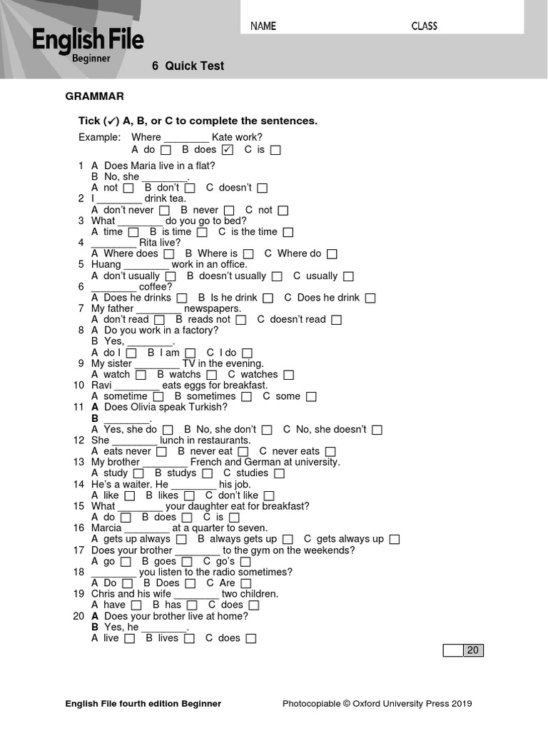 EF4e Beg Quicktest 06 | PDF | Lunch | Human Communication