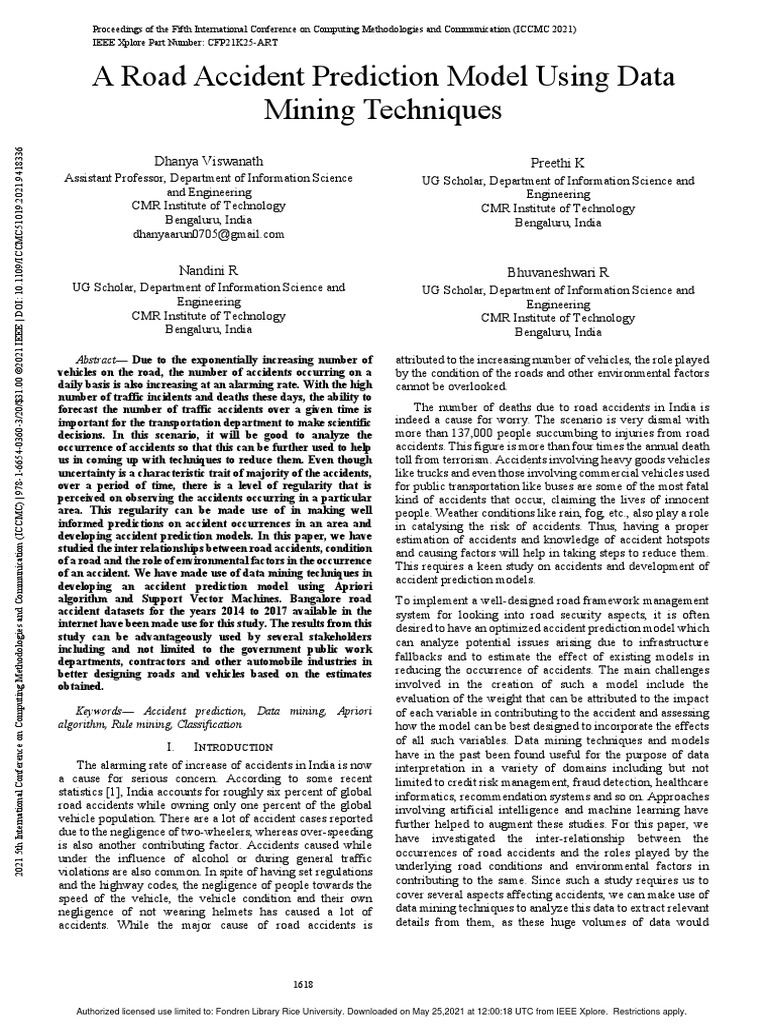 Road Accident Prediction Model Using Data Mining Techniques Pdf