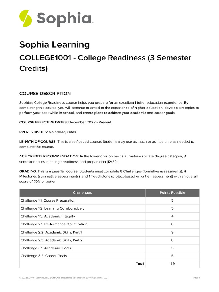 Sophia College Readiness Syllabus | PDF