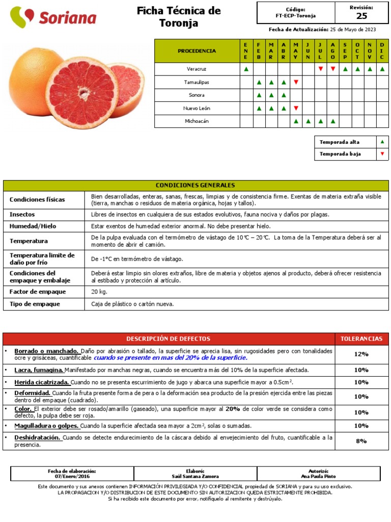 Ficha Técnica de Toronja SORIANA | PDF