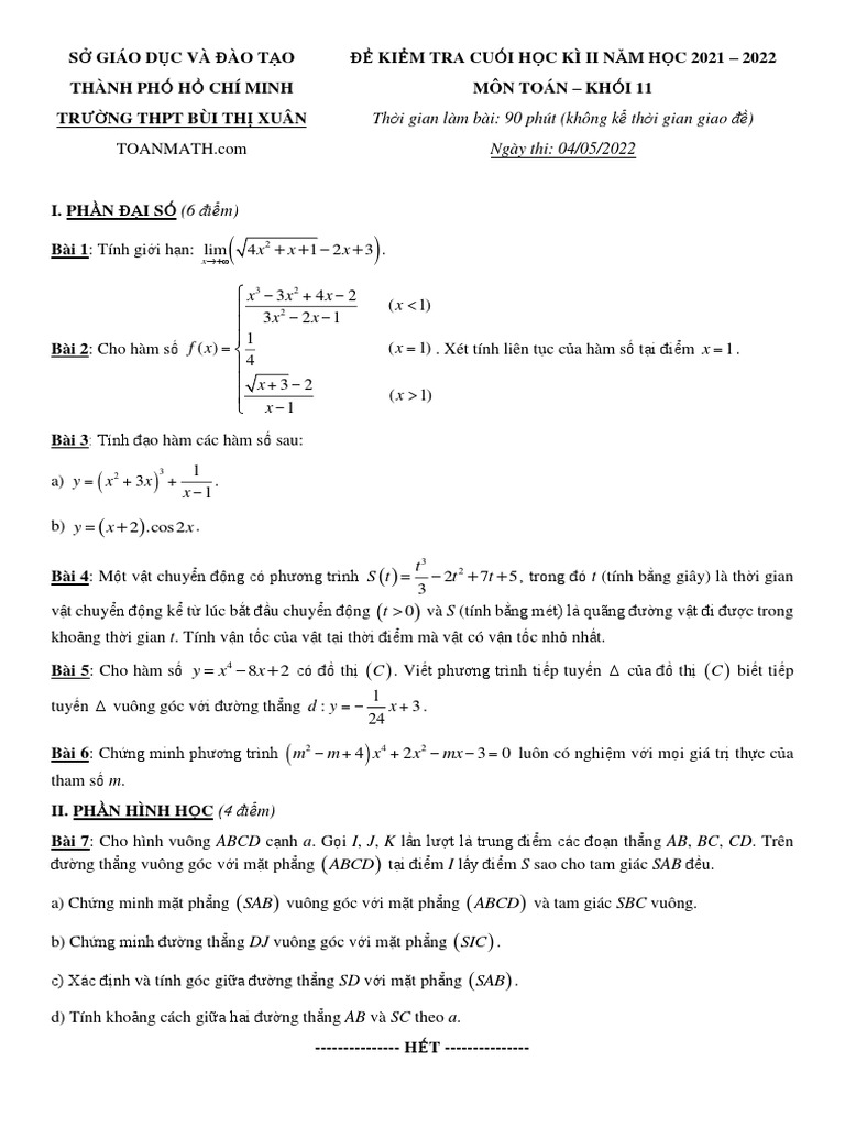 De Thi Hoc Ky 2 Toan 11 Nam 2021 2022 Truong THPT Bui Thi Xuan TP HCM | PDF