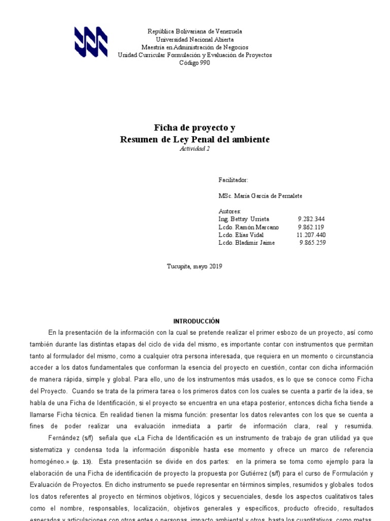Elaboración de Ficha de Proyecto: Ejemplo PDF | PDF