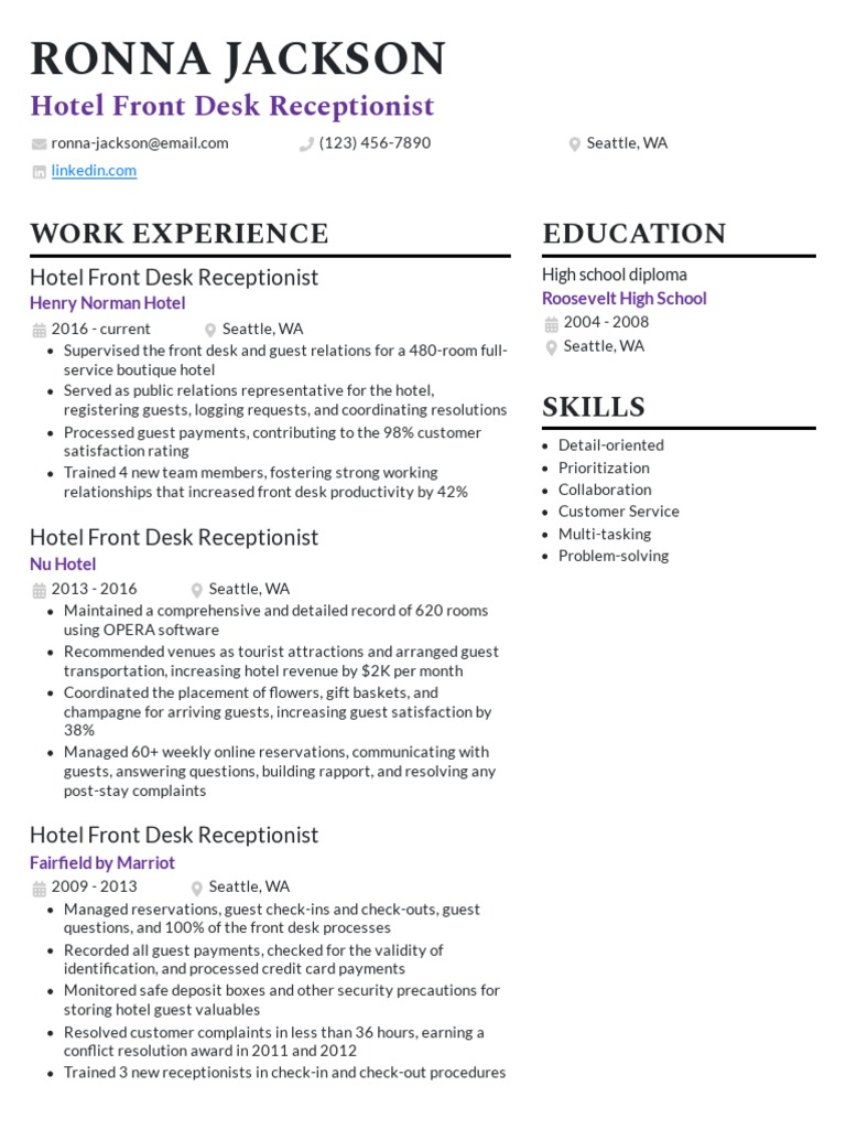 Hotel Front Desk Receptionist Resume Example | Pdf