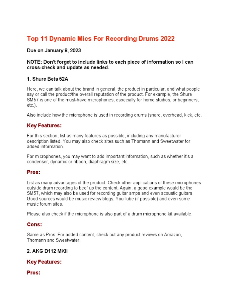 Top 11 Dynamic Mics For Recording Drums 2022 | PDF