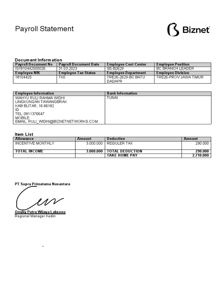 Payroll Statement Insentif | PDF | Payroll Tax | Tax Deduction