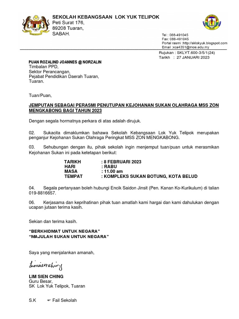 Surat Perasmi Penutupan Sukan 2023 | PDF