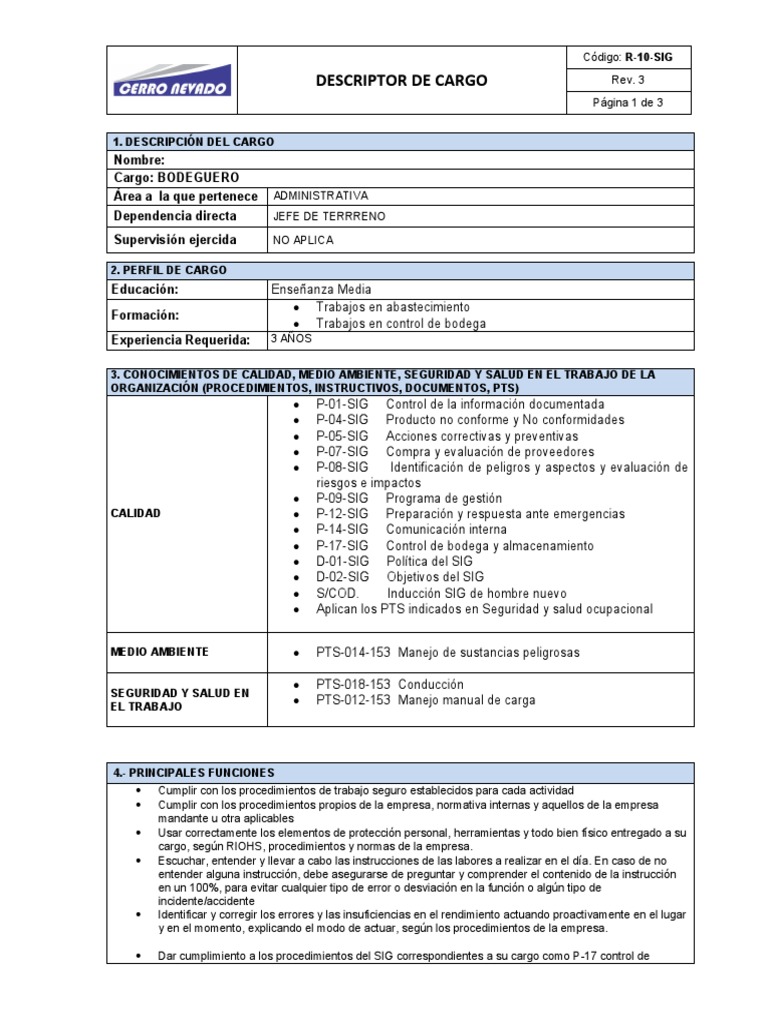 R-10-SIG Descriptor de Cargo Rev3 Bodeguero | Descargar gratis PDF | Sistema de información ...