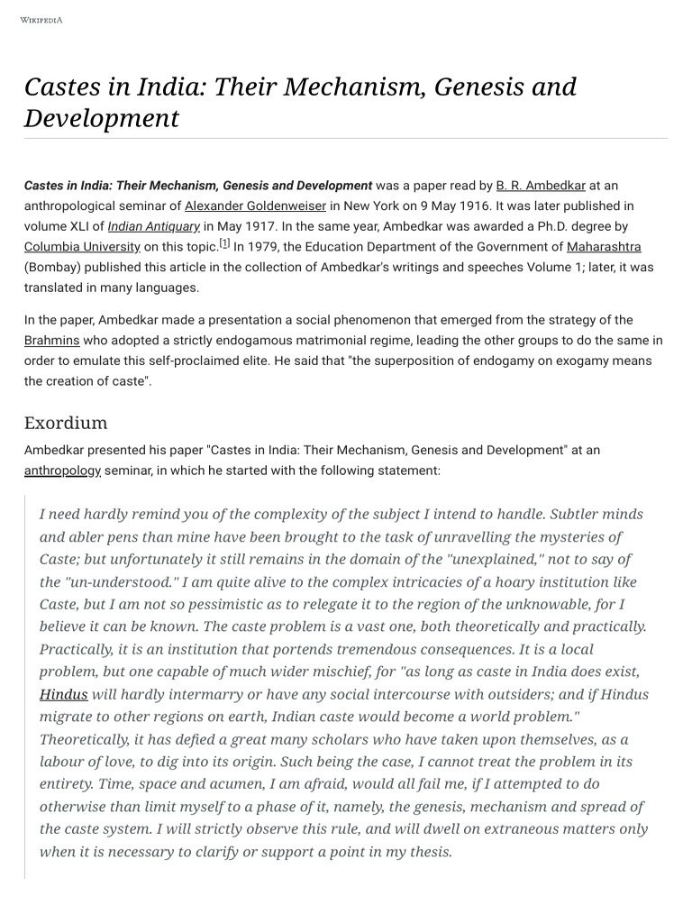 Castes in India - Their Mechanism, Genesis and Development - Wikipedia ...